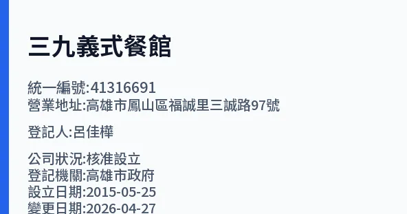 三九義式餐館的照片-統編 41316691(高雄市) 公司登記資料與營業項目詳細圖表