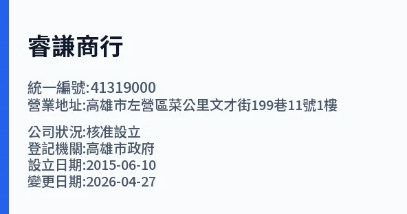 睿謙商行的照片-統編 41319000(高雄市) 公司登記資料與營業項目詳細圖表