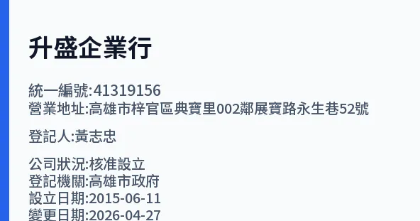 升盛企業行的照片-統編 41319156(高雄市) 公司登記資料與營業項目詳細圖表