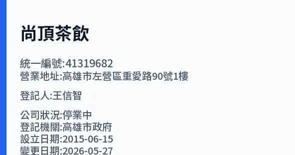 尚頂茶飲的照片-統編 41319682(高雄市) 公司登記資料與營業項目詳細圖表