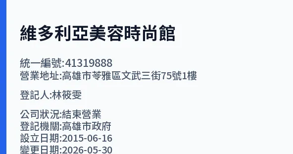 維多利亞美容時尚館的照片-統編 41319888(高雄市) 公司登記資料與營業項目詳細圖表