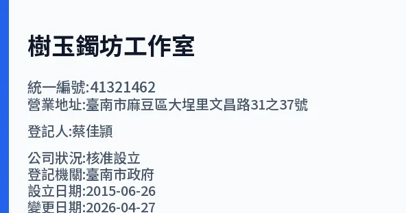 樹玉鐲坊工作室的照片-統編 41321462(臺南市) 公司登記資料與營業項目詳細圖表