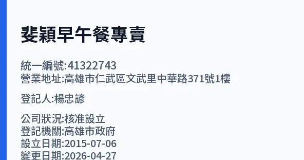 斐穎早午餐專賣的照片-統編 41322743(高雄市) 公司登記資料與營業項目詳細圖表