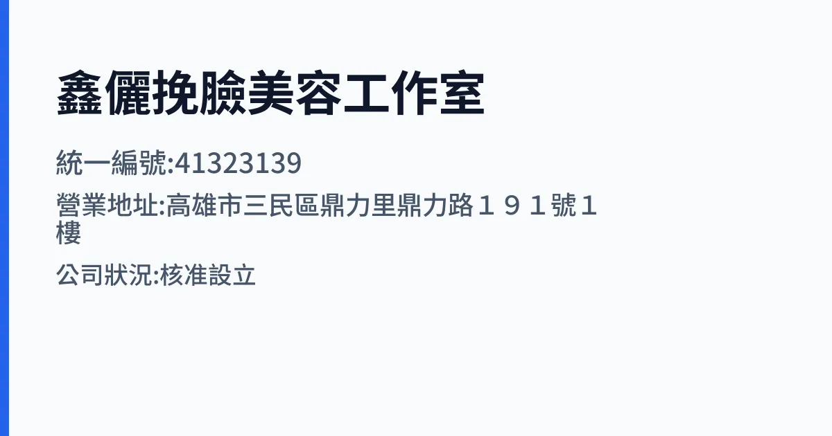 鑫儷挽臉美容工作室 - 統編 41323139(高雄市) 公司登記資料與營業項目詳細圖表