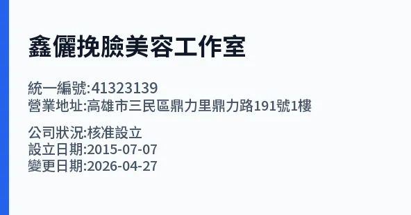 鑫儷挽臉美容工作室的照片-統編 41323139(高雄市) 公司登記資料與營業項目詳細圖表