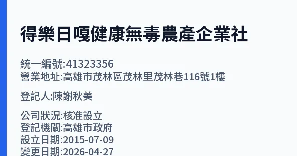 得樂日嘎健康無毒農產企業社的照片-統編 41323356(高雄市) 公司登記資料與營業項目詳細圖表