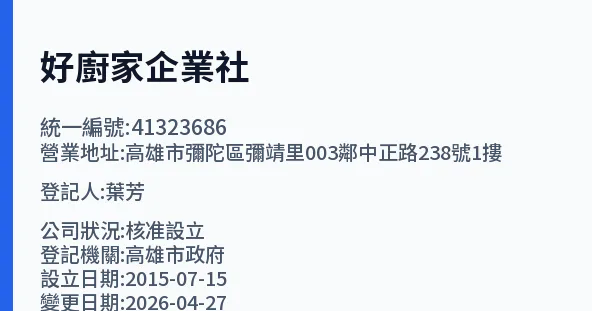 好廚家企業社的照片-統編 41323686(高雄市) 公司登記資料與營業項目詳細圖表