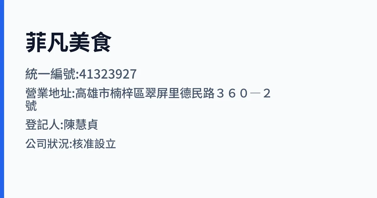 菲凡美食 - 統編 41323927(高雄市) 公司登記資料與營業項目詳細圖表