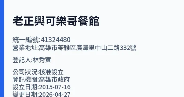 老正興可樂哥餐館的照片-統編 41324480(高雄市) 公司登記資料與營業項目詳細圖表