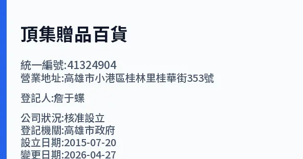 頂集贈品百貨的照片-統編 41324904(高雄市) 公司登記資料與營業項目詳細圖表