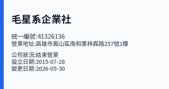 毛星系企業社的照片-統編 41326136(高雄市) 公司登記資料與營業項目詳細圖表