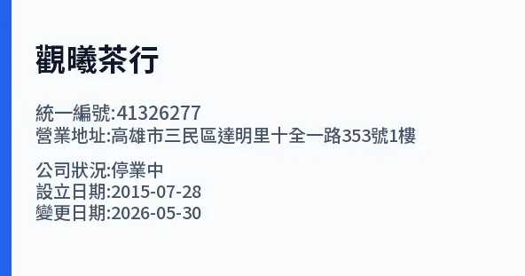 觀曦茶行的照片-統編 41326277(高雄市) 公司登記資料與營業項目詳細圖表