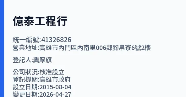 億泰工程行的照片-統編 41326826(高雄市) 公司登記資料與營業項目詳細圖表