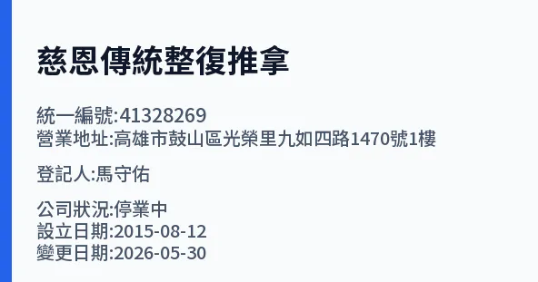 慈恩傳統整復推拿的照片-統編 41328269(高雄市) 公司登記資料與營業項目詳細圖表