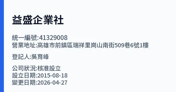 益盛企業社的照片-統編 41329008(高雄市) 公司登記資料與營業項目詳細圖表