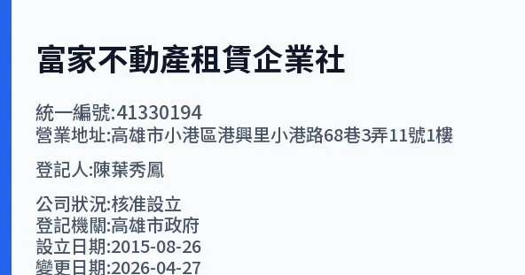 富家不動產租賃企業社的照片-統編 41330194(高雄市) 公司登記資料與營業項目詳細圖表