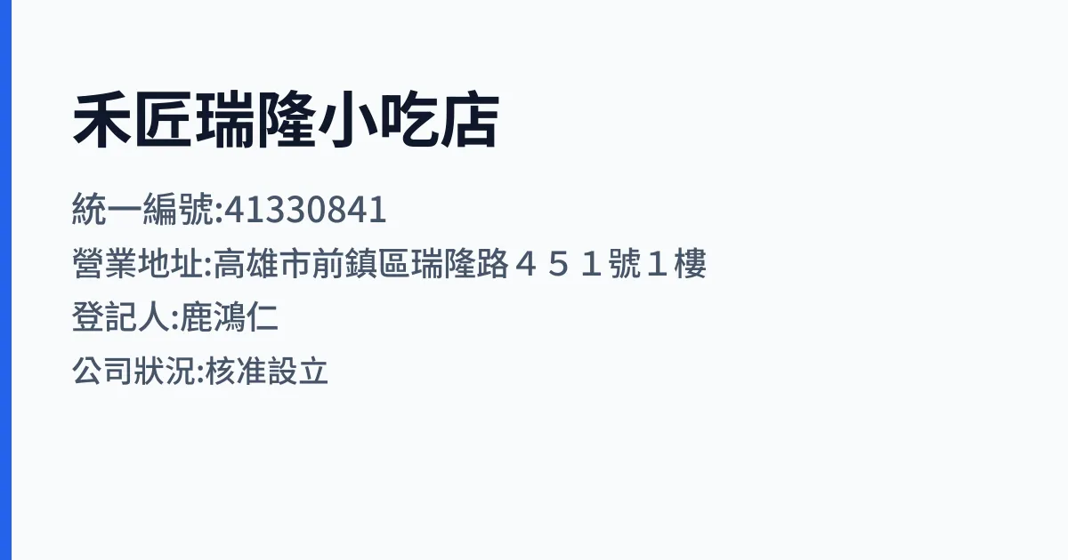 禾匠瑞隆小吃店 - 統編 41330841(高雄市) 公司登記資料與營業項目詳細圖表