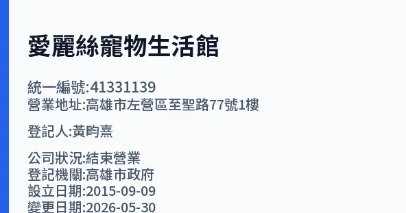 愛麗絲寵物生活館的照片-統編 41331139(高雄市) 公司登記資料與營業項目詳細圖表