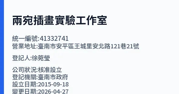 兩宛插畫實驗工作室的照片-統編 41332741(臺南市) 公司登記資料與營業項目詳細圖表