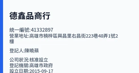 德鑫品商行的照片-統編 41332897(高雄市) 公司登記資料與營業項目詳細圖表