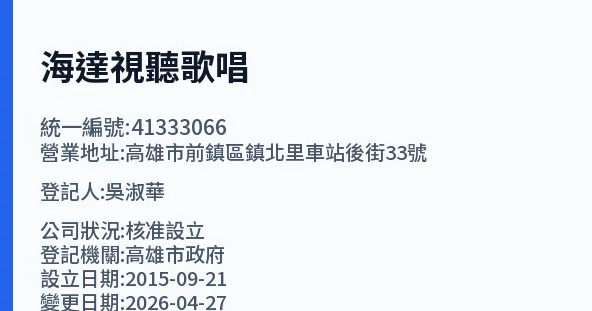 海達視聽歌唱的照片-統編 41333066(高雄市) 公司登記資料與營業項目詳細圖表