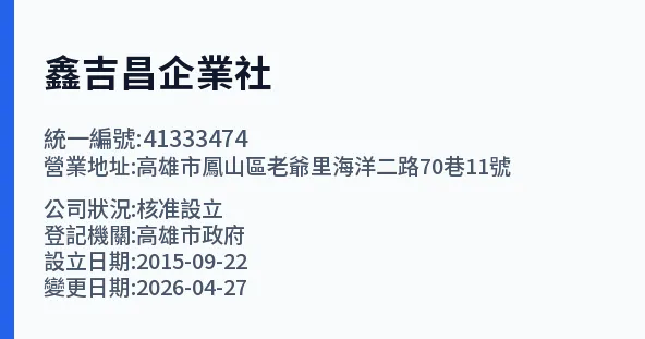 鑫吉昌企業社的照片-統編 41333474(高雄市) 公司登記資料與營業項目詳細圖表