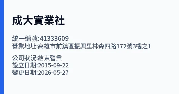 成大實業社的照片-統編 41333609(高雄市) 公司登記資料與營業項目詳細圖表