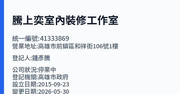 騰上奕室內裝修工作室的照片-統編 41333869(高雄市) 公司登記資料與營業項目詳細圖表