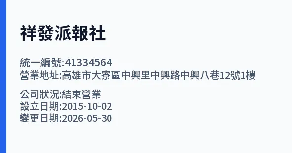 祥發派報社的照片-統編 41334564(高雄市) 公司登記資料與營業項目詳細圖表