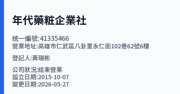 年代藥粧企業社的照片-統編 41335466(高雄市) 公司登記資料與營業項目詳細圖表