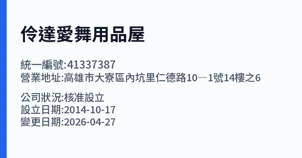 伶達愛舞用品屋的照片-統編 41337387(高雄市) 公司登記資料與營業項目詳細圖表