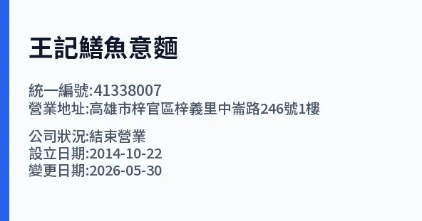 王記鱔魚意麵的照片-統編 41338007(高雄市) 公司登記資料與營業項目詳細圖表