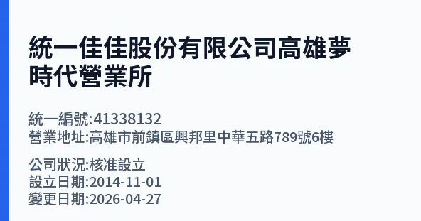 統一佳佳股份有限公司高雄夢時代營業所的照片-統編 41338132(高雄市) 公司登記資料與營業項目詳細圖表