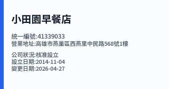 小田園早餐店的照片-統編 41339033(高雄市) 公司登記資料與營業項目詳細圖表