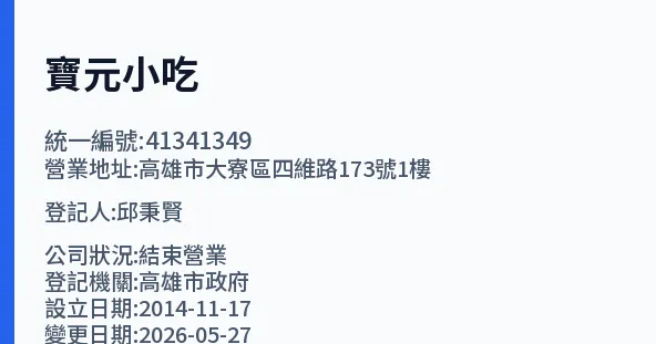 寶元小吃的照片-統編 41341349(高雄市) 公司登記資料與營業項目詳細圖表