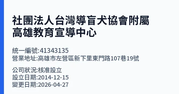 社團法人台灣導盲犬協會附屬高雄教育宣導中心的照片-統編 41343135(高雄市) 公司登記資料與營業項目詳細圖表