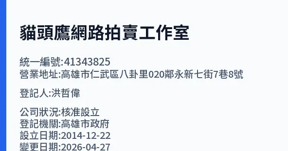 貓頭鷹網路拍賣工作室的照片-統編 41343825(高雄市) 公司登記資料與營業項目詳細圖表