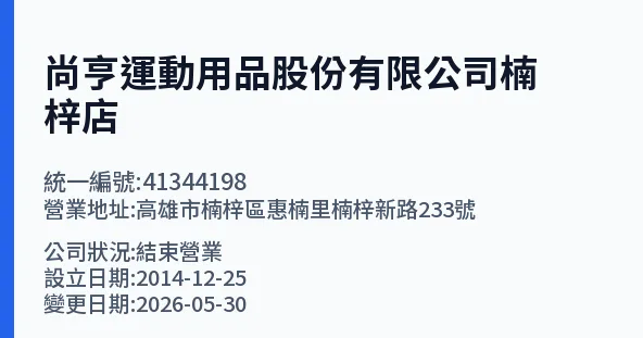 尚亨運動用品股份有限公司楠梓店的照片-統編 41344198(高雄市) 公司登記資料與營業項目詳細圖表