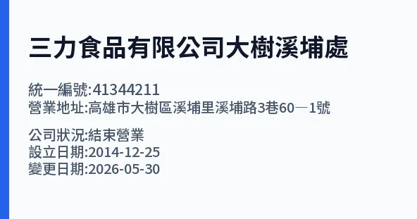三力食品有限公司大樹溪埔處的照片-統編 41344211(高雄市) 公司登記資料與營業項目詳細圖表