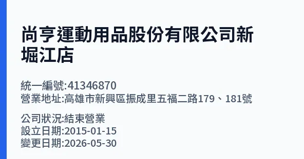 尚亨運動用品股份有限公司新堀江店的照片-統編 41346870(高雄市) 公司登記資料與營業項目詳細圖表