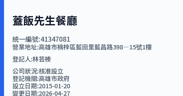 蓋飯先生餐廳的照片-統編 41347081(高雄市) 公司登記資料與營業項目詳細圖表