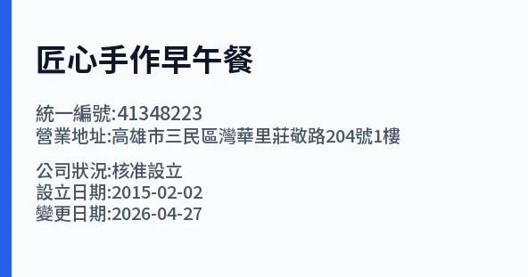 匠心手作早午餐的照片-統編 41348223(高雄市) 公司登記資料與營業項目詳細圖表