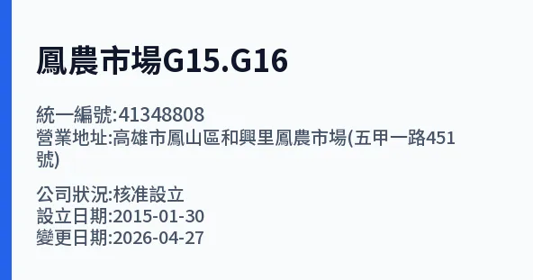 鳳農市場G15.G16的照片-統編 41348808(高雄市) 公司登記資料與營業項目詳細圖表