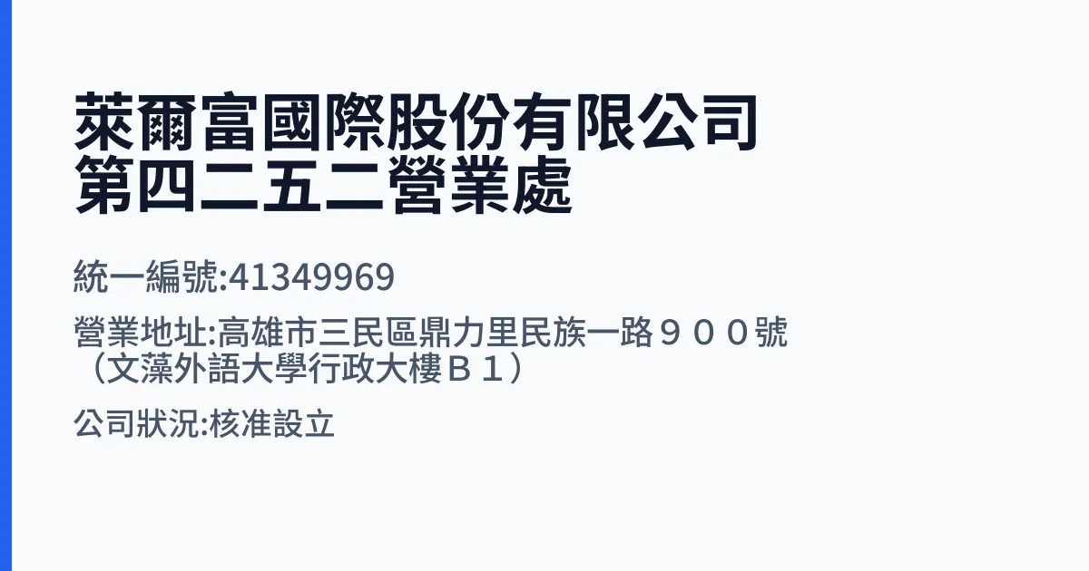 萊爾富國際股份有限公司第四二五二營業處 - 統編 41349969(高雄市) 公司登記資料與營業項目詳細圖表