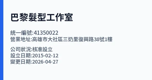 巴黎髮型工作室的照片-統編 41350022(高雄市) 公司登記資料與營業項目詳細圖表