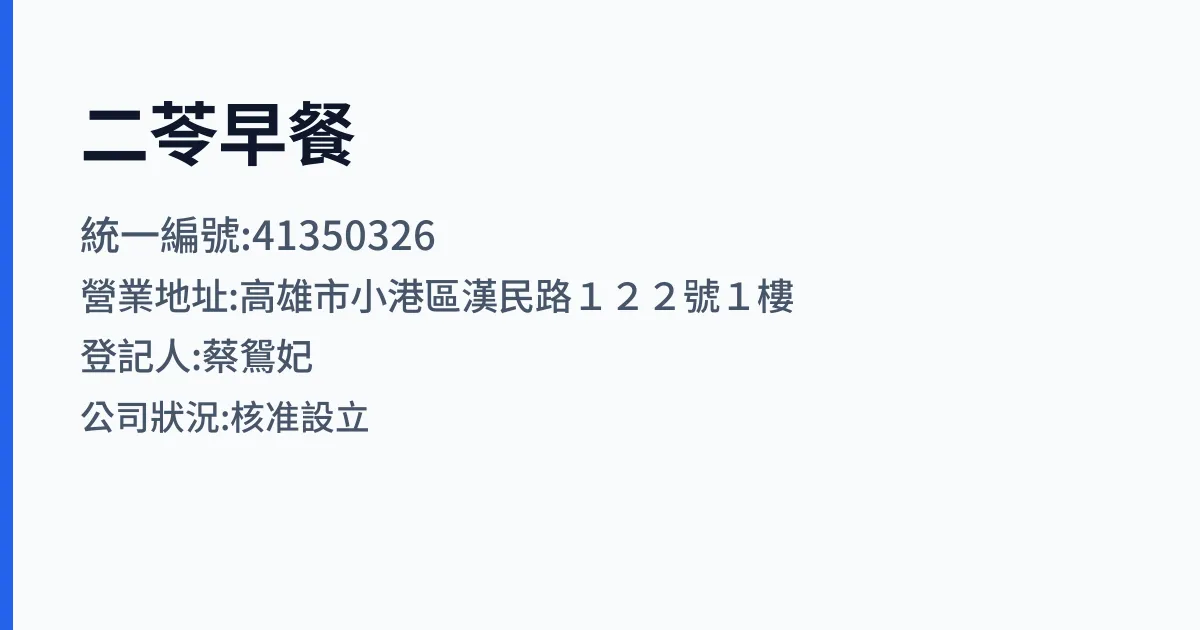 二苓早餐 - 統編 41350326(高雄市) 公司登記資料與營業項目詳細圖表