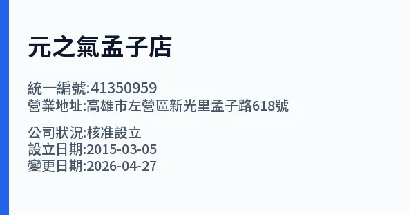 元之氣孟子店的照片-統編 41350959(高雄市) 公司登記資料與營業項目詳細圖表