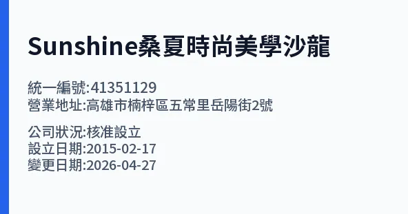 Sunshine桑夏時尚美學沙龍的照片-統編 41351129(高雄市) 公司登記資料與營業項目詳細圖表