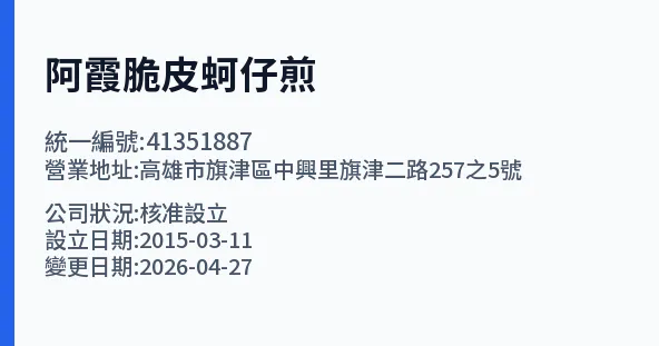 阿霞脆皮蚵仔煎的照片-統編 41351887(高雄市) 公司登記資料與營業項目詳細圖表