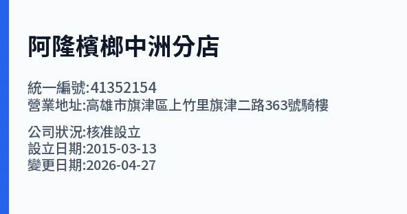 阿隆檳榔中洲分店的照片-統編 41352154(高雄市) 公司登記資料與營業項目詳細圖表